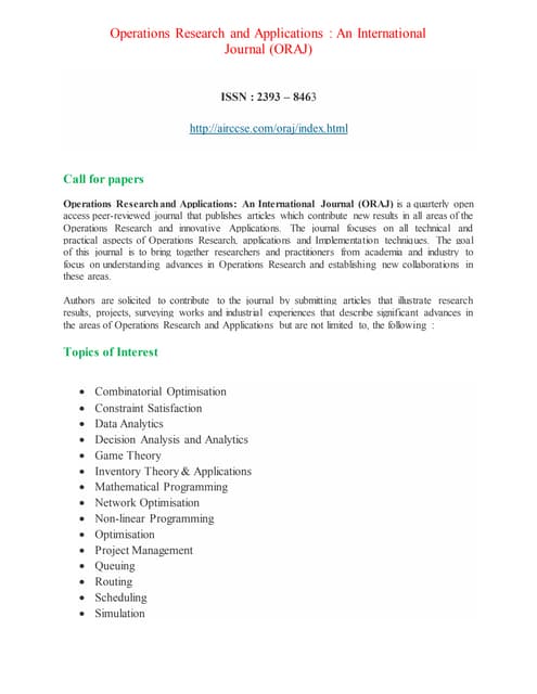Operations Research and Applications: An International Journal (ORAJ) | PDF