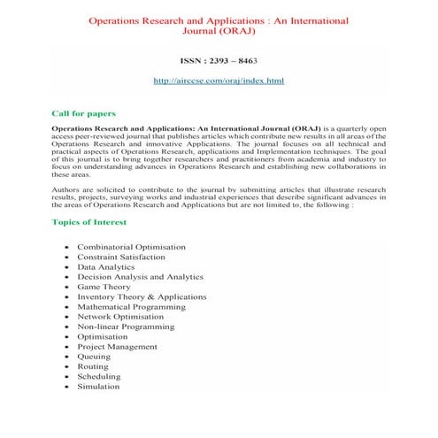 Operations Research and Applications : An International Journal (ORAJ ...
