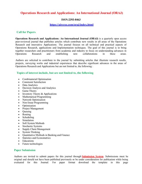 Operations Research and Applications : An International Journal (ORAJ ...