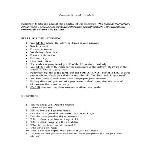 Oral interview for level 1 | DOCX