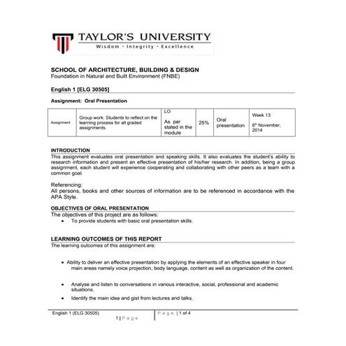 ENGLISH 1- Oral presentation assignment | DOC