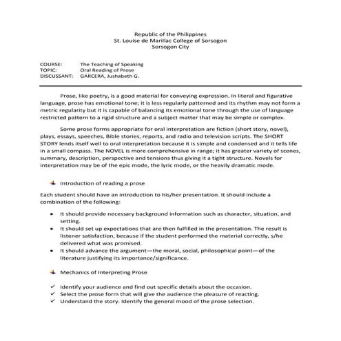 Oral reading of prose(teaching of speaking) | DOCX