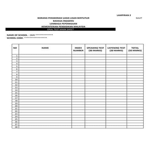 Oral Test Mark Sheet PT3 English | DOCX