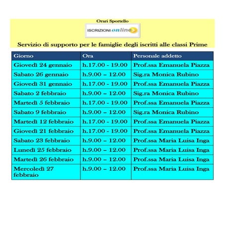 Orari sportello Iscrizioni classi prime | PDF