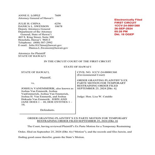 Order Granting Plaintiffs Ex Parte Motion For Temporary Restraining