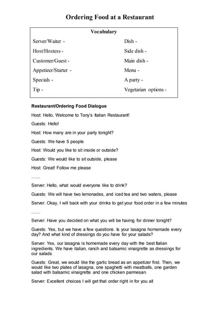 Lesson Plan Ordering At The Restaurant | DOC