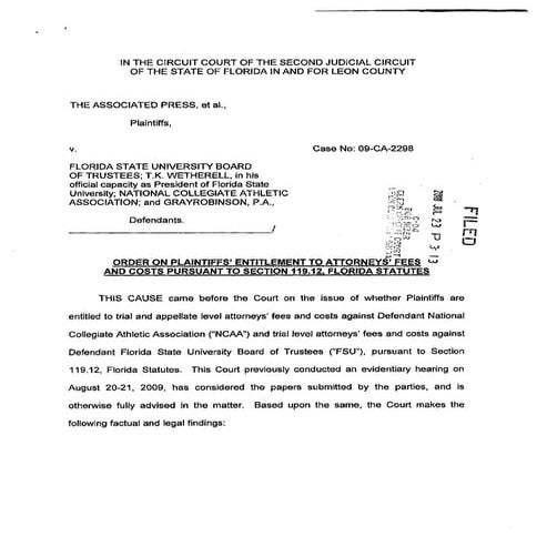 AP v. NCAA Order on Fee Entitlement | PDF | Legal Services Industry ...