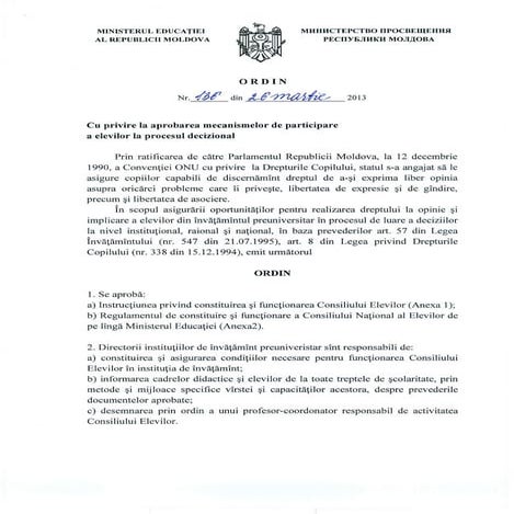 Ordin cu privire la aprobarea mecanismelor de participare a elevilor la ...