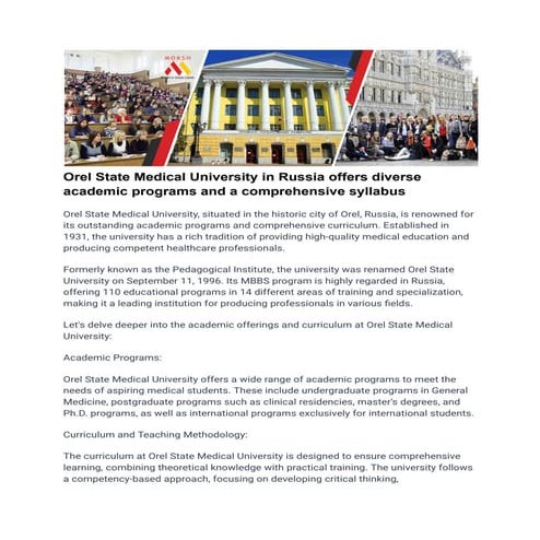 Orel State Medical University in Russia offers diverse academic ...
