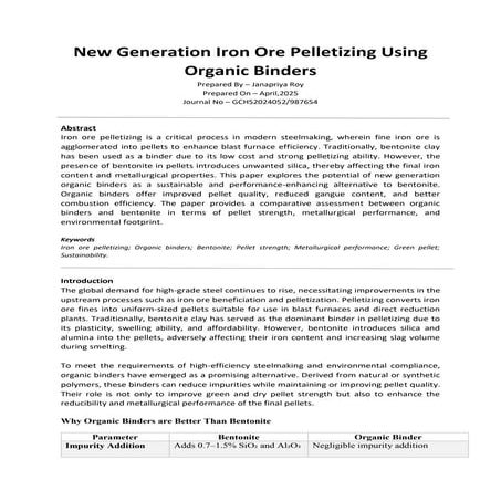 Organic Binder New Generation Iron Pelletization Aid | PDF