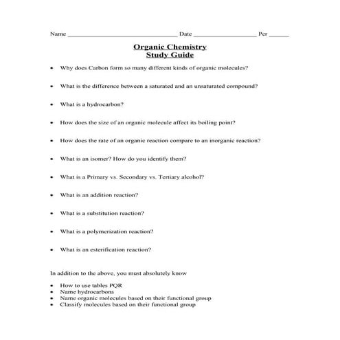 Chemistry - Chapter 21 - Organic Chemistry - Study Guide | DOC