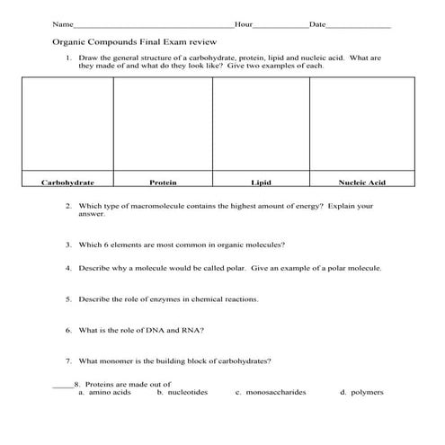 Organic Compounds Final Exam Review | DOC | Chemistry | Science