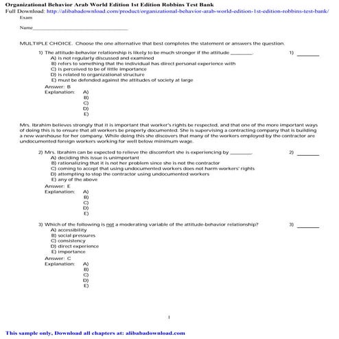 Organizational Behavior Arab World Edition 1st Edition Robbins Test ...