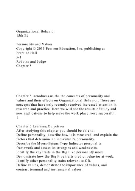 Organizational Behavior Chapter 4 Personality and Values | PPTX ...