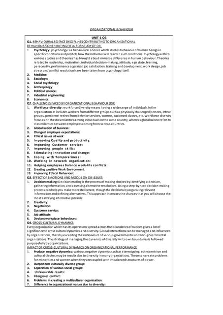 Organisational Behaviour MBA Question Paper | PDF