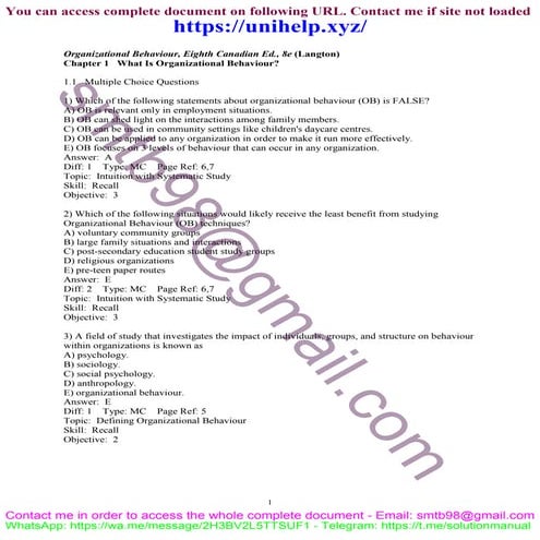 Question Bank for Organizational Behaviour, 8th Canadian Edition ...