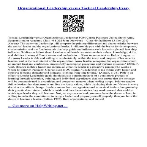 Organizational Leadership Versus Tactical Leadership Essay | PDF