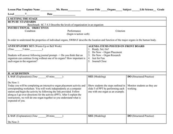 Lesson Plan Organ Systems | DOCX