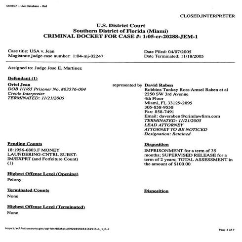 Oriel Jean Docket Sheet | PDF