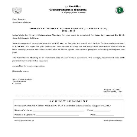 Orientation Meeting Circular - Classes X & XI | DOCX