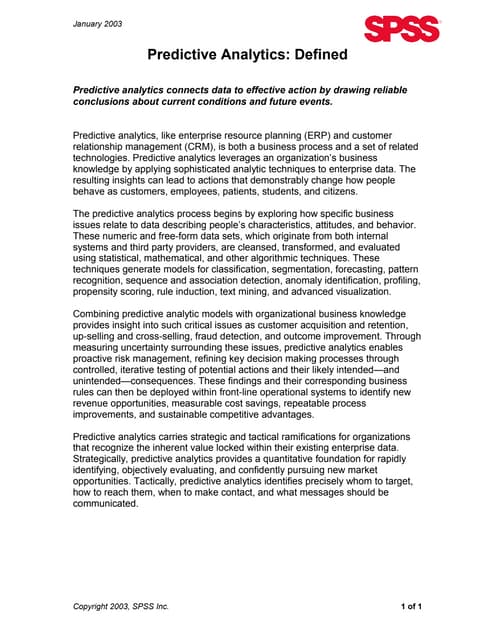 Original definition Predictive Analytics SPSS Jan 15, 2003 Intriduction ...