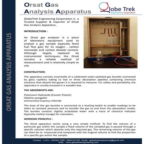 Orsat gas analysis Apparatus detail manufacturer specification | PDF