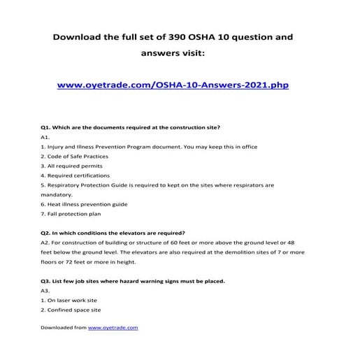 Download the Latest OSHA 10 Answers PDF : oyetrade.com