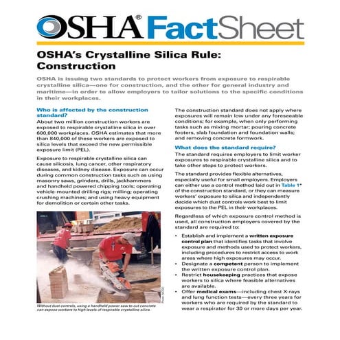 OSHA Fact Sheet: OSHA's Crystalline Silica Rule: Construction | PDF
