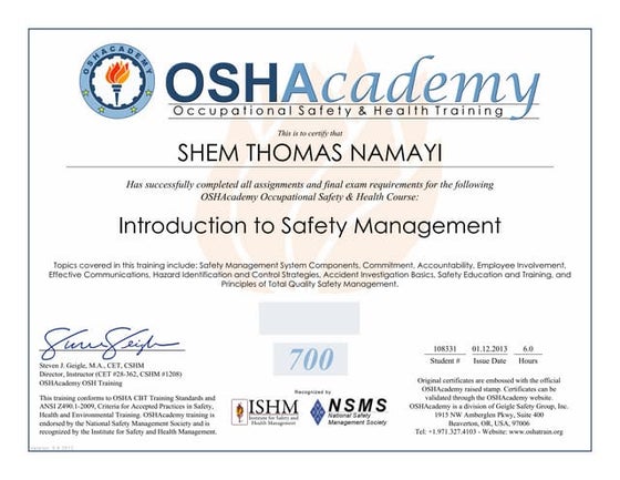 OSHA Certificate | PDF
