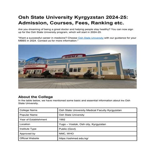 Osh State University Kyrgyzstan 2024-25: Admission, Courses ...