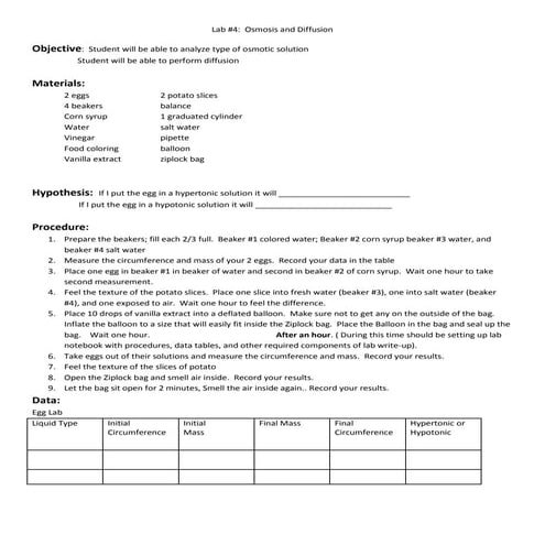 Osmosis and diffusion lab | PDF