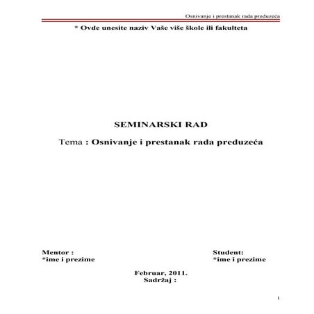 Osnivanje i prestanak rada preduzeca | DOC