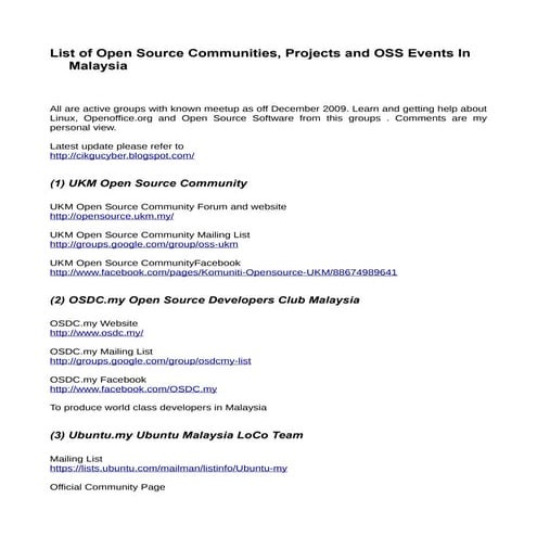 List Of OSS Communities Malaysia 2009 | PDF | Free Download