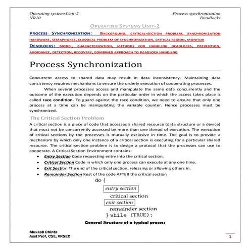Operating Systems Process Synchronization And Deadlocks Pdf Operating Systems Computer