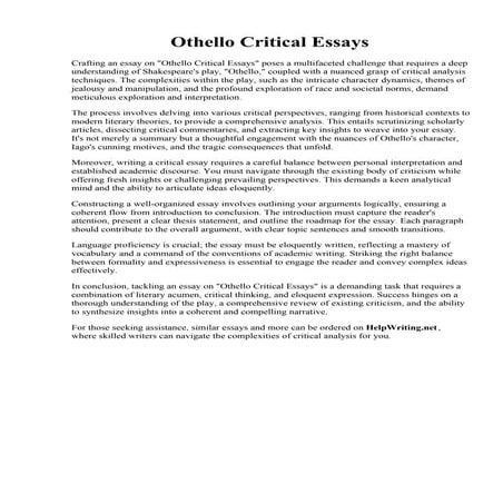Othello Critical Essays. Collection of Othello Essays for A level English Literature | Teaching ...