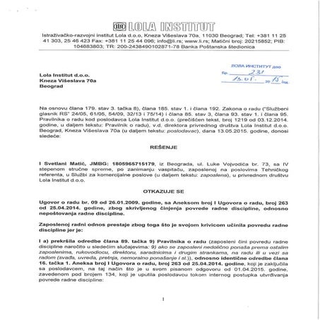 Otkaz ugovora o radu UZBUNJIVAČU - PREDSEDNIKU SINDIKALNE ORGANIZACIJE ...