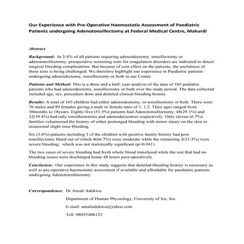 Our Experience with Pre-Operative Haemostatic Assessment of Paediatric ...