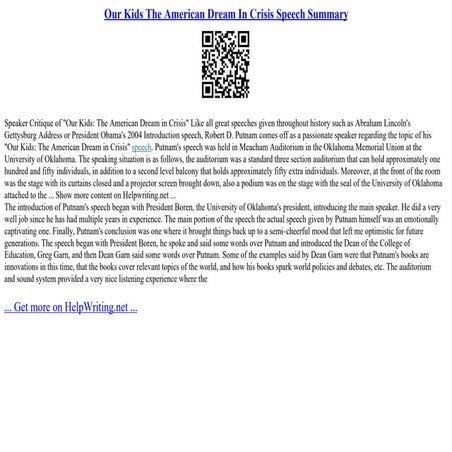 Our Kids The American Dream In Crisis Speech Summary | PPT