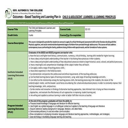 Outcomes based teaching learning plan (obtlp)- ed 101 child ...