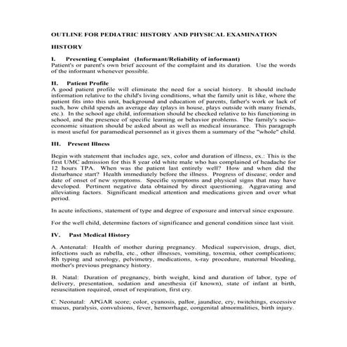 Outline For Pediatric History And Physical Examination | DOC