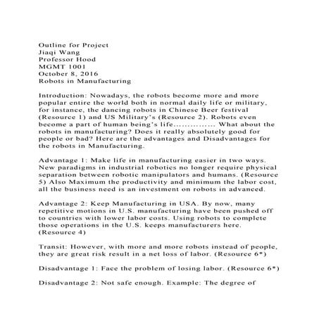 Outline for Project Jiaqi WangProfessor HoodMGMT 1001Octob.docx