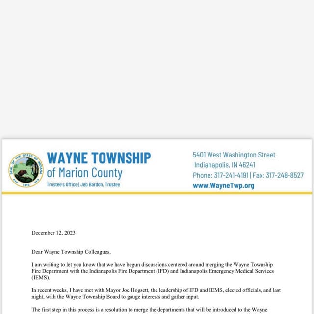 Wayne Township Fire Merger Letter from Jeb Barton | PDF