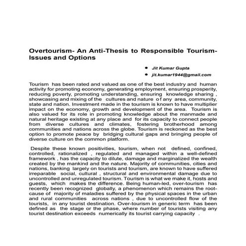 Over-tourism - An Antithesis to tourism- Issues and Options | PDF
