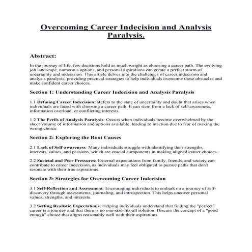 Overcoming Career Indecision and Analysis Paralysis. | PDF