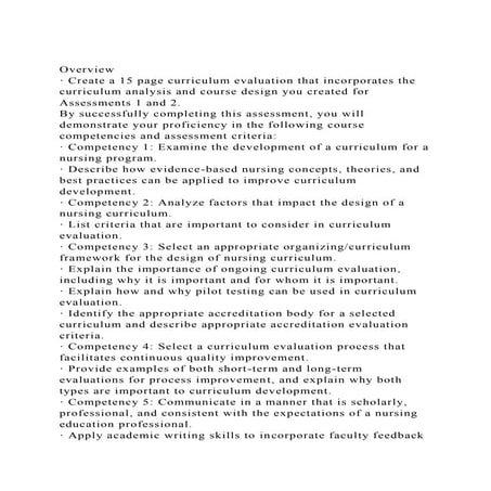 Overview· Create a 15 page curriculum evaluation that incorporat.docx