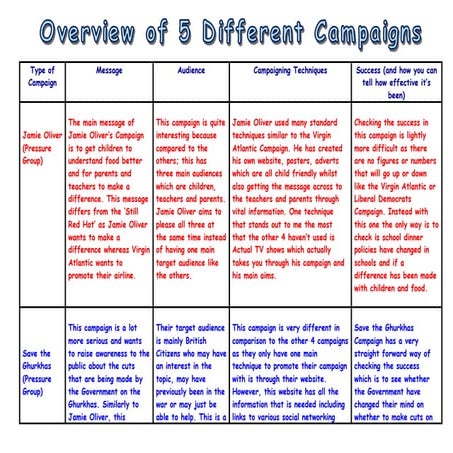 Overview of 5 Different Campaigns | DOCX