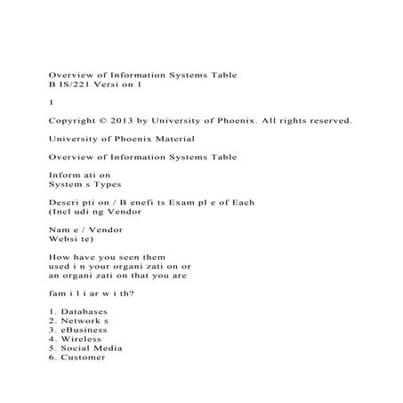 Overview of Information Systems TableB IS221 Versi on 1.docx