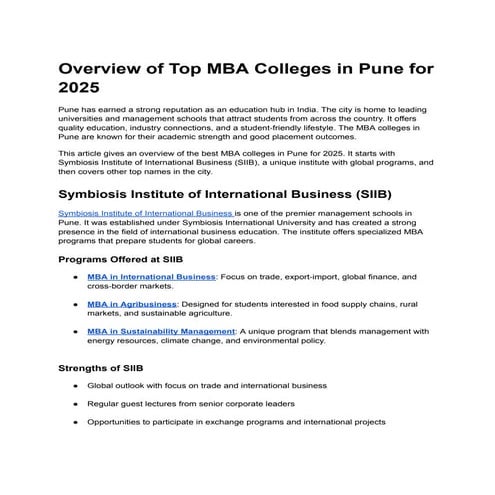Overview of Top MBA Colleges in Pune for 2025 | PDF
