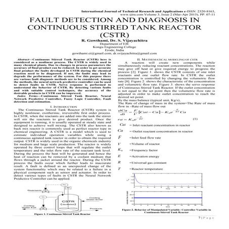 FAULT DETECTION AND DIAGNOSIS IN CONTINUOUS STIRRED TANK REACTOR (CSTR) | PDF