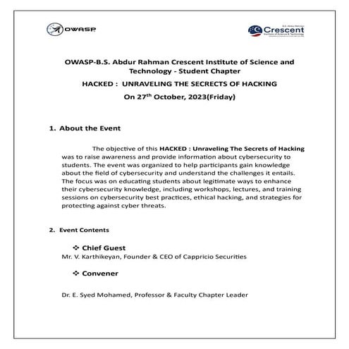 OWASP-Workshop-report Crescent Cybertronics Security Club | PDF